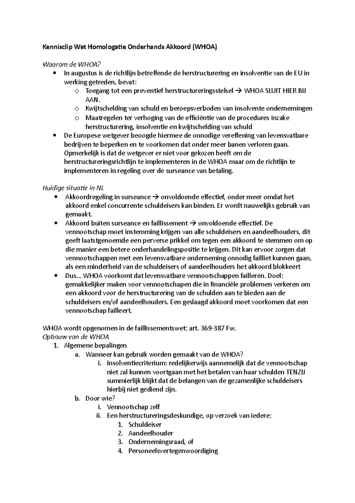 Samenvatting kennisclip over Wet Homologatie Onderhands Akkoord (WHOA ...