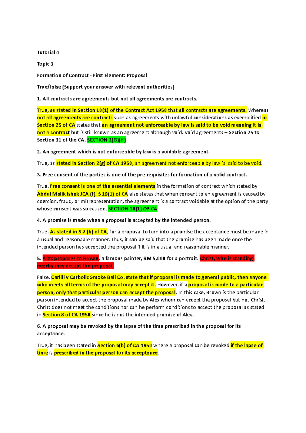 Tutorial 4.docx answers - Tutorial 4 Topic 3 Formation of Contract - First Element: Proposal ...