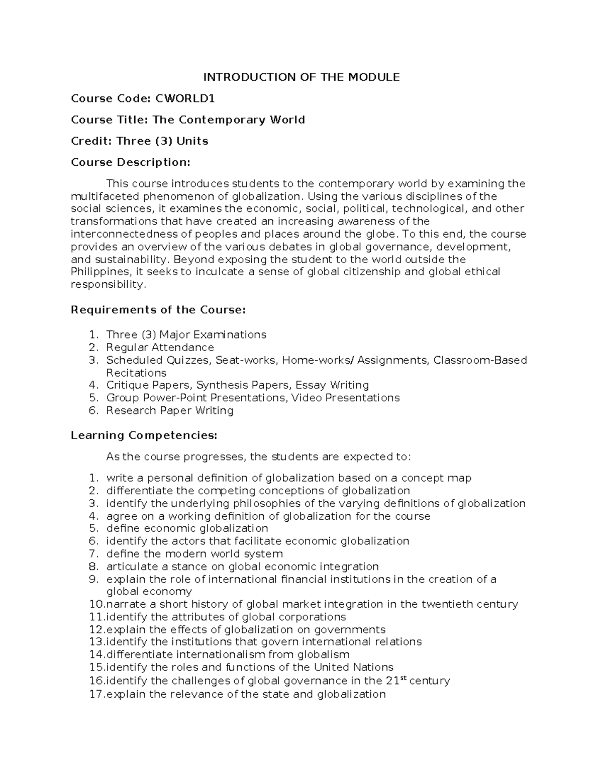 Cworld- Module 1 - INTRODUCTION OF THE MODULE Course Code: CWORLD ...