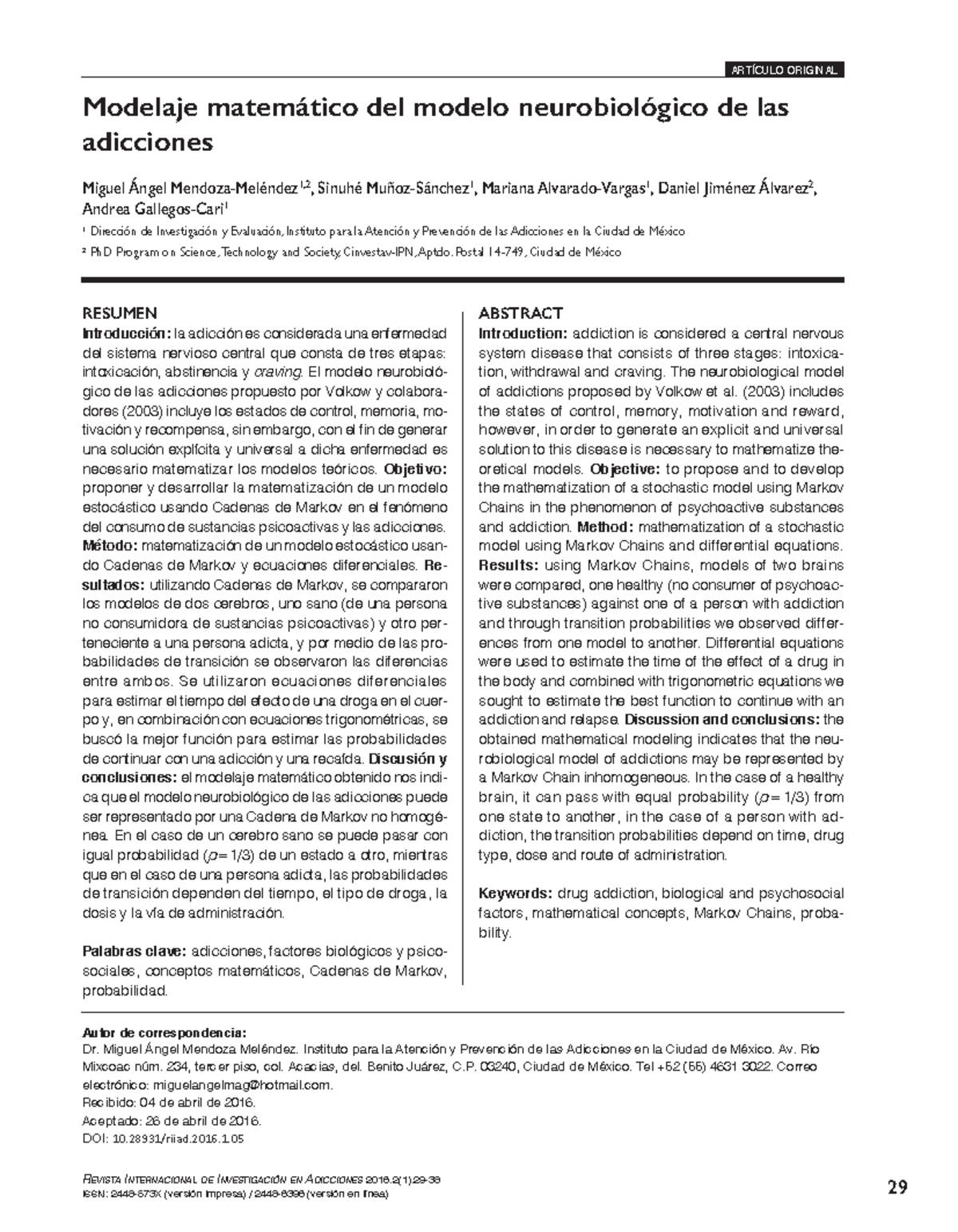 Modelaje matematico del modelo neurobiologico de l - 29 ARTÍCULO ...