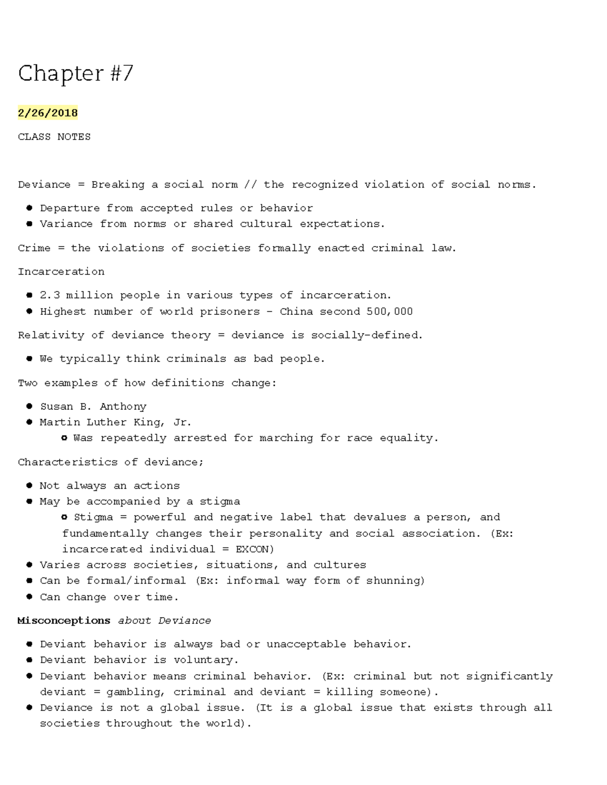 Chapter 7 Notes - Chapter 2/26/ CLASS NOTES Deviance = Breaking a ...
