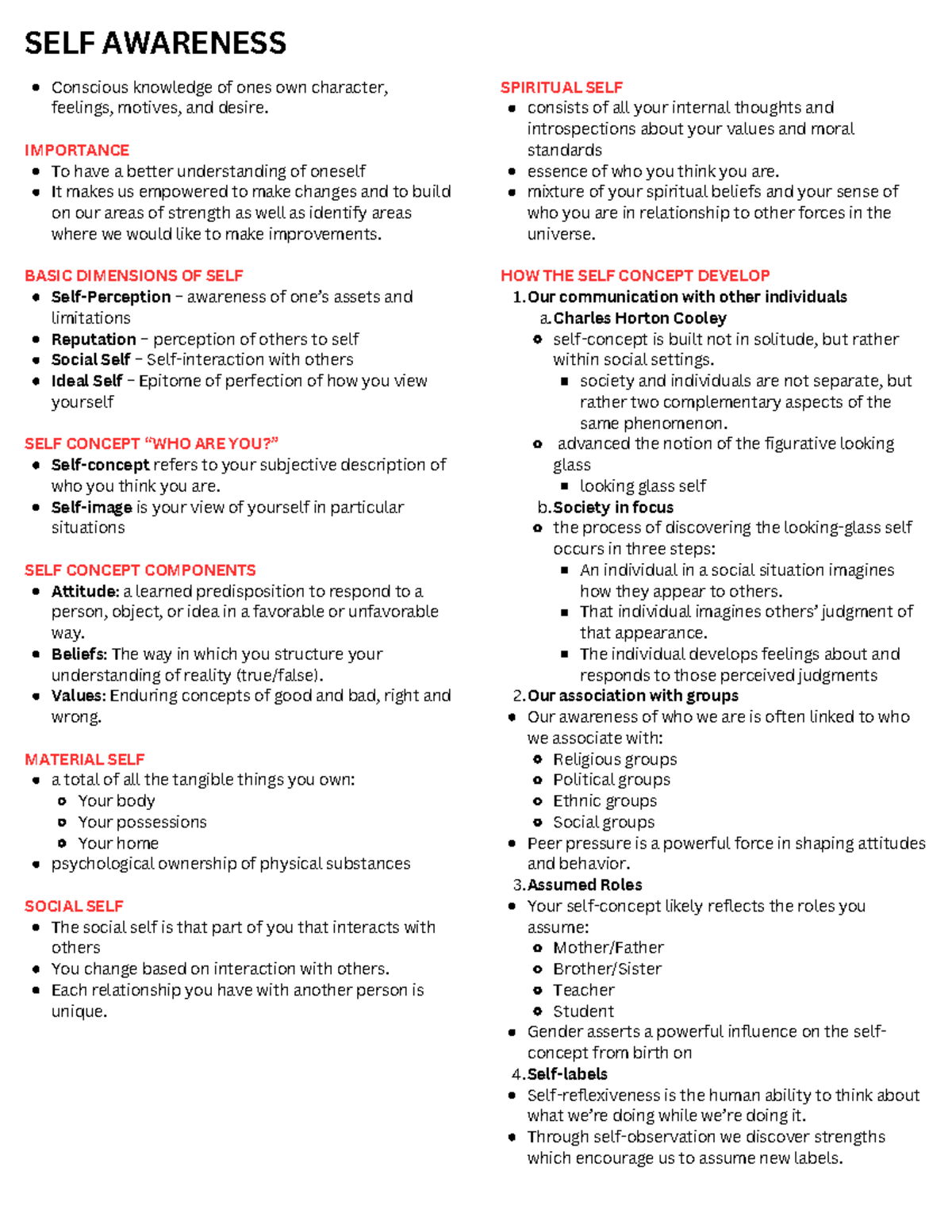 UTS Prleim to Midterm - SELF AWARENESS Conscious knowledge of ones own ...