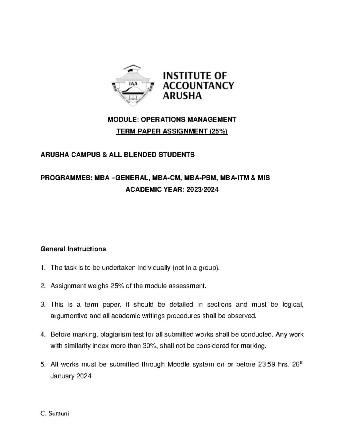 TERM Paper Assignment - 2023 24 Operations Management - C. Sumuni ...