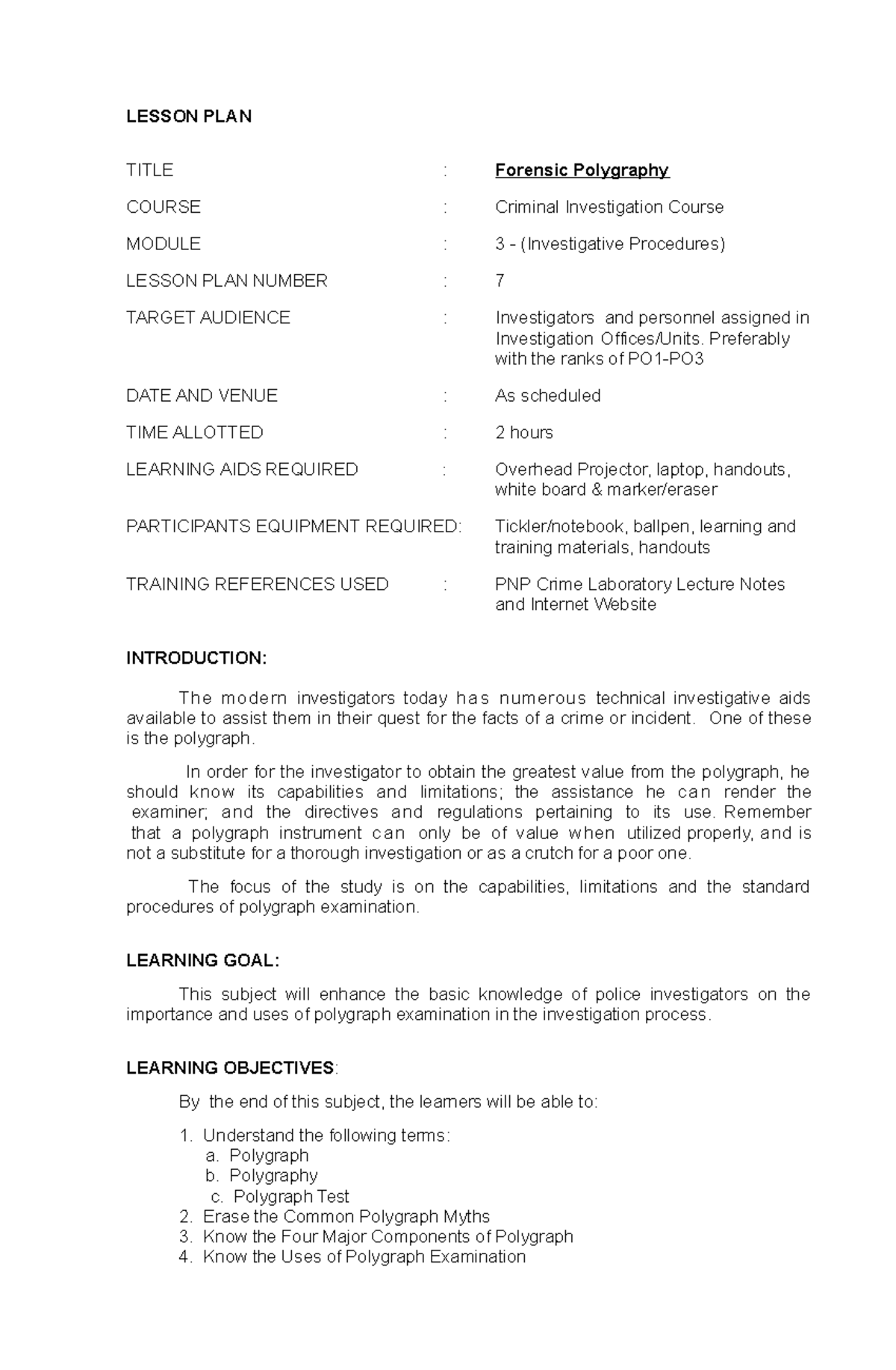 Forensic Polygraphy UNIT 4 - LESSON PLAN TITLE : Forensic Polygraphy ...