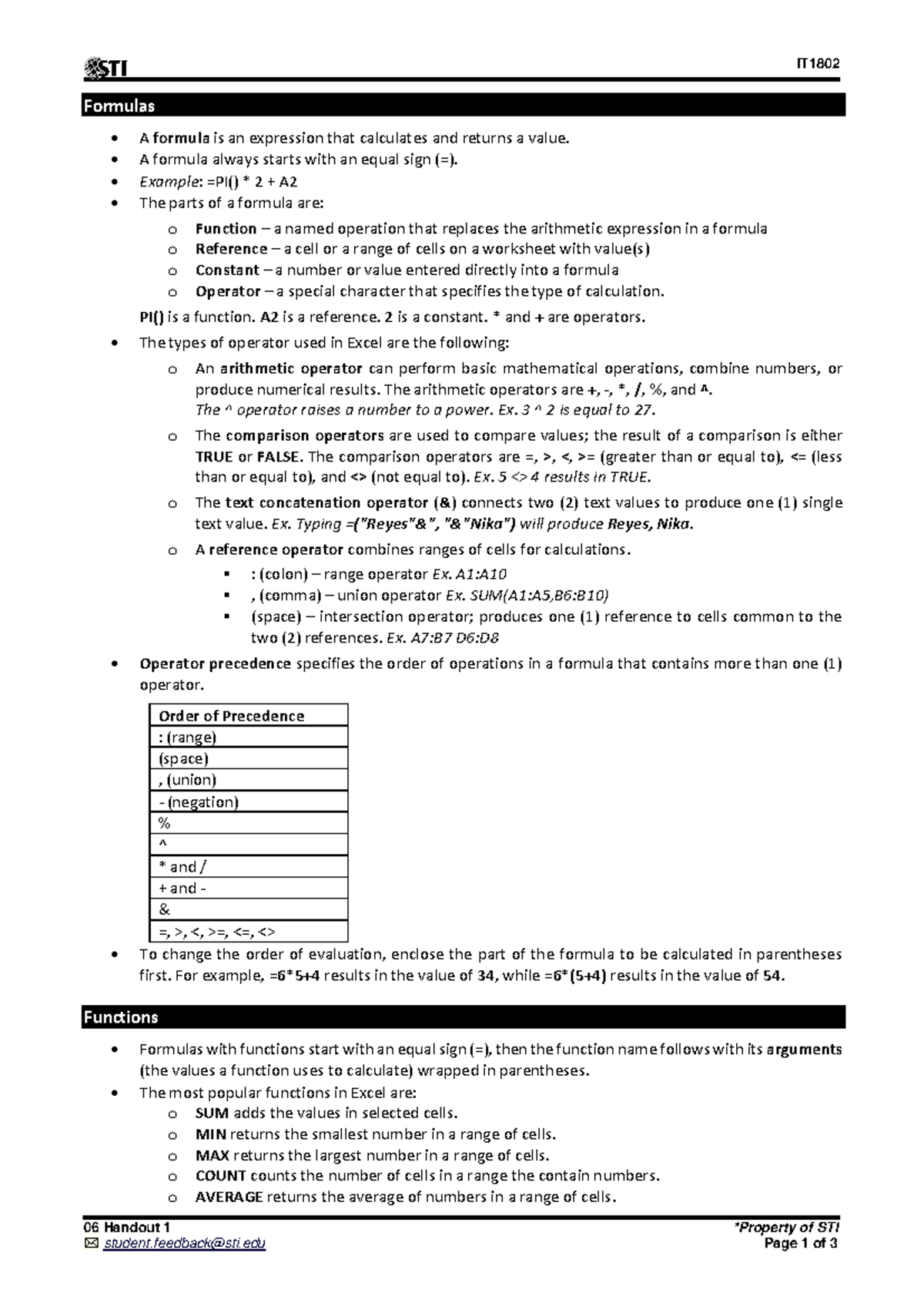 06 Handout 1(57) unlocked - IT 06 Handout 1 *Property of STI student@sti Page 1 of 3 Formulas A ...