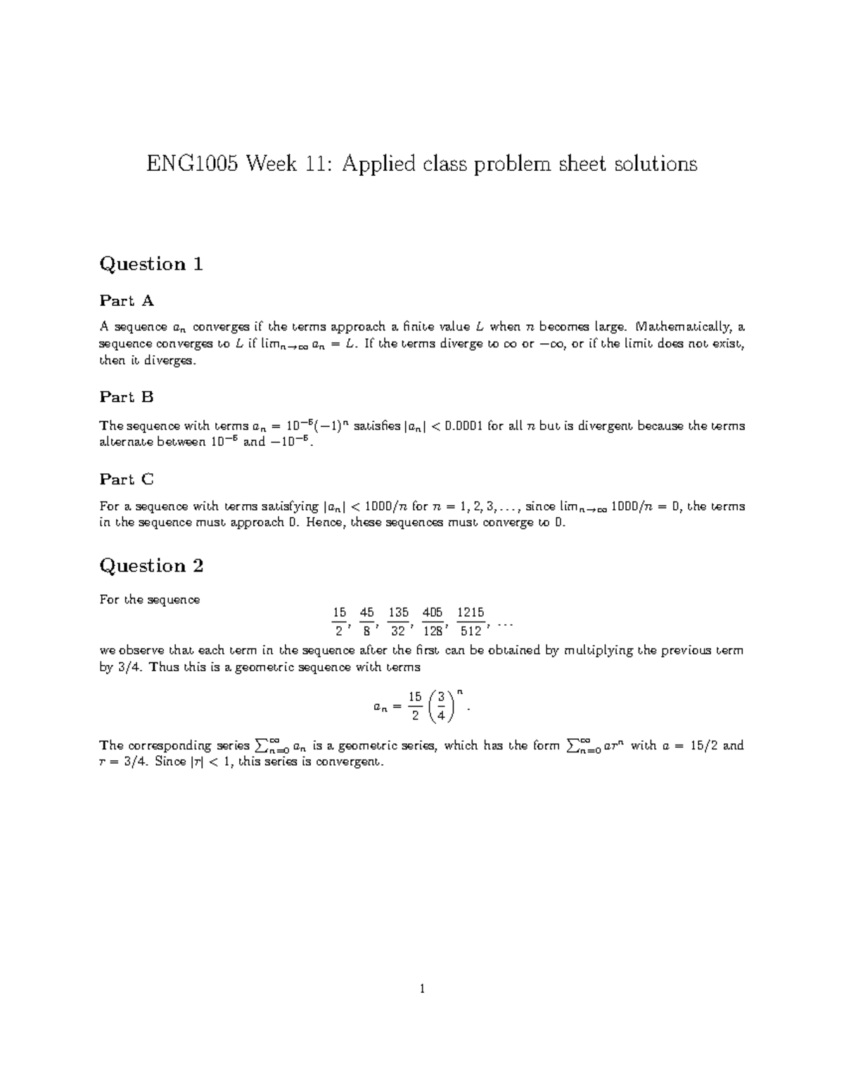 Series solution sheet - ENG1005 Week 11: Applied class problem sheet solutions Question 1 Part A ...