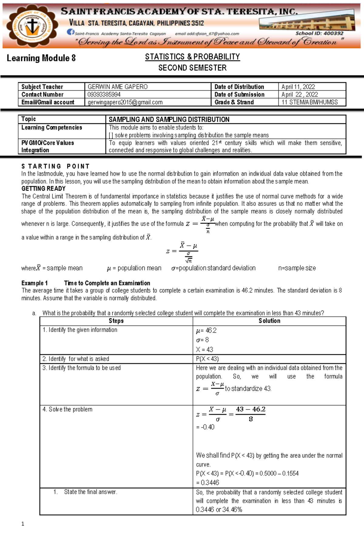 LM8-STAT& Probab- Lessons - 1 STATISTICS & PROBABILITY SECOND SEMESTER Subject Teacher GERWIN ...