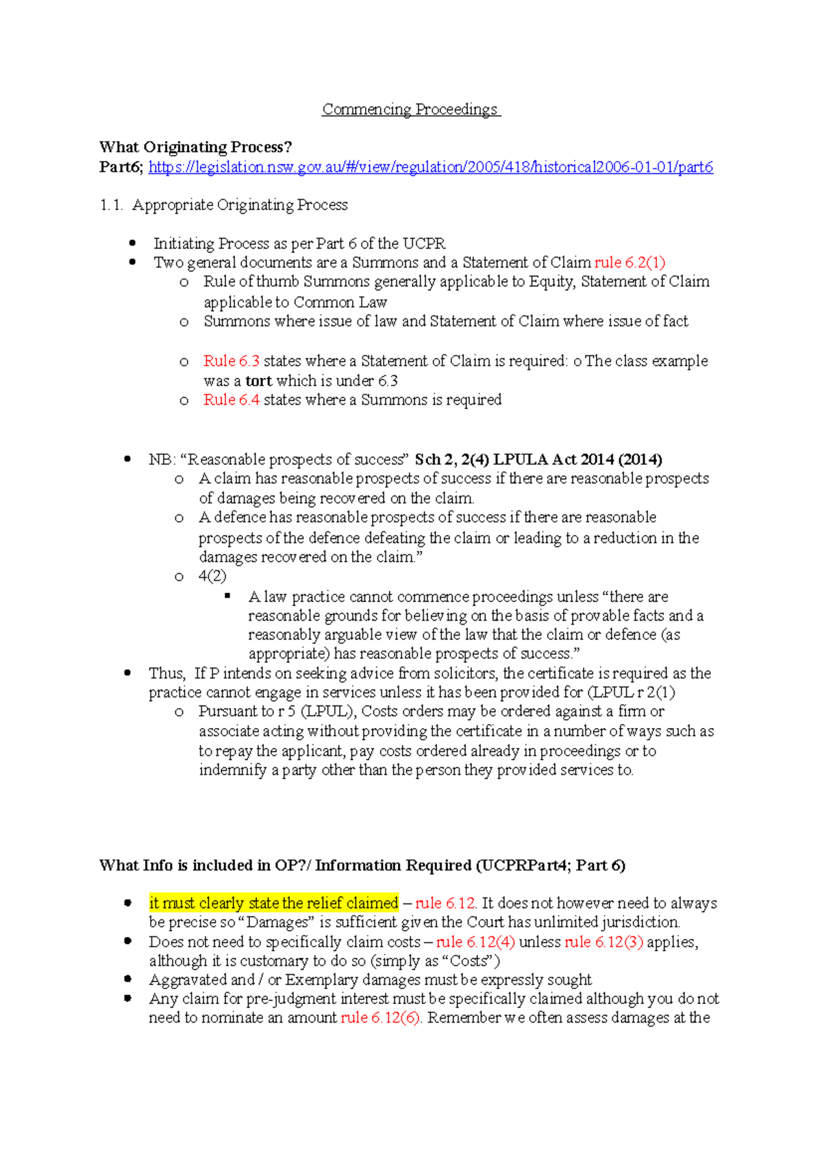 Exam Notes - Commencing Proceedings What Originating Process? Part6 ...