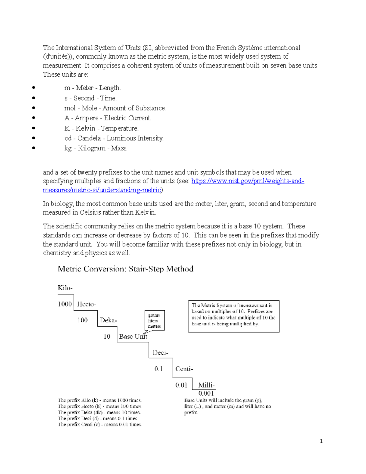 Metric system Lab worksheet - The International System of Units (SI ...