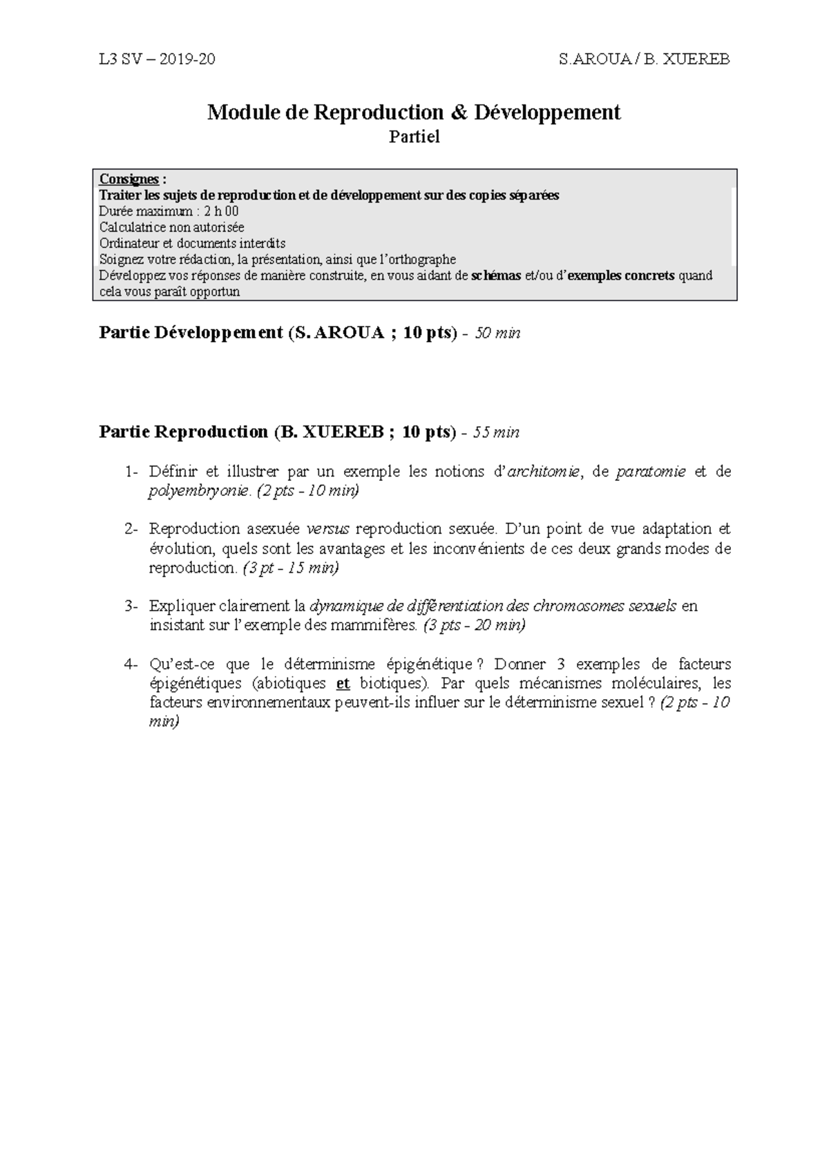 CC Reproduction - 2019-20 - L3 SV – 2019-20 S / B. XUEREB Module de ...