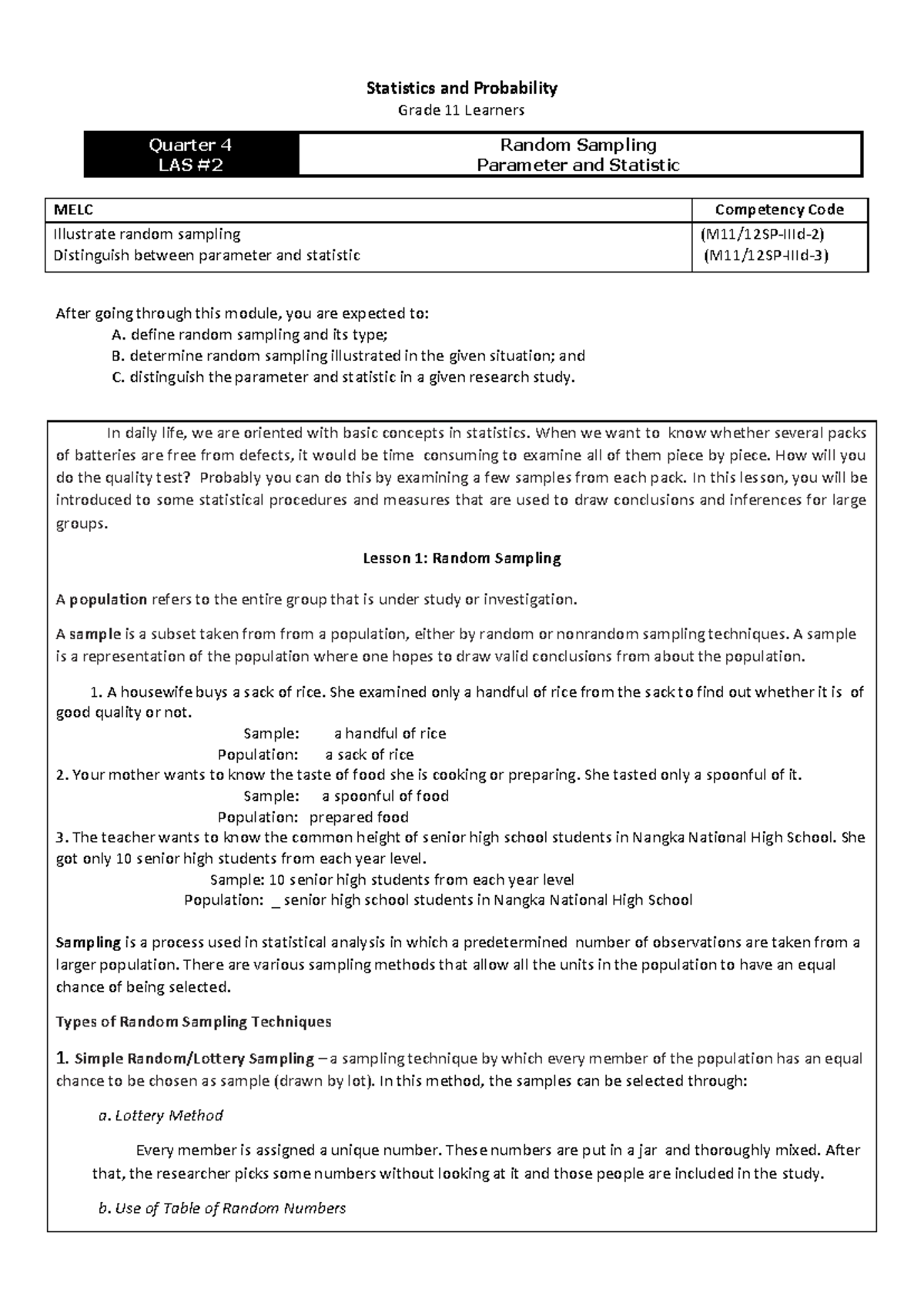 Statistics and Probability Q4 LAS 2 - Statistics and Probability Grade ...