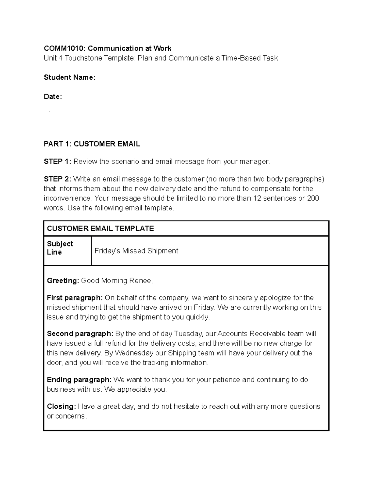 Template for Unit 4 Touchstone - Communication at Work - COMM1010 ...