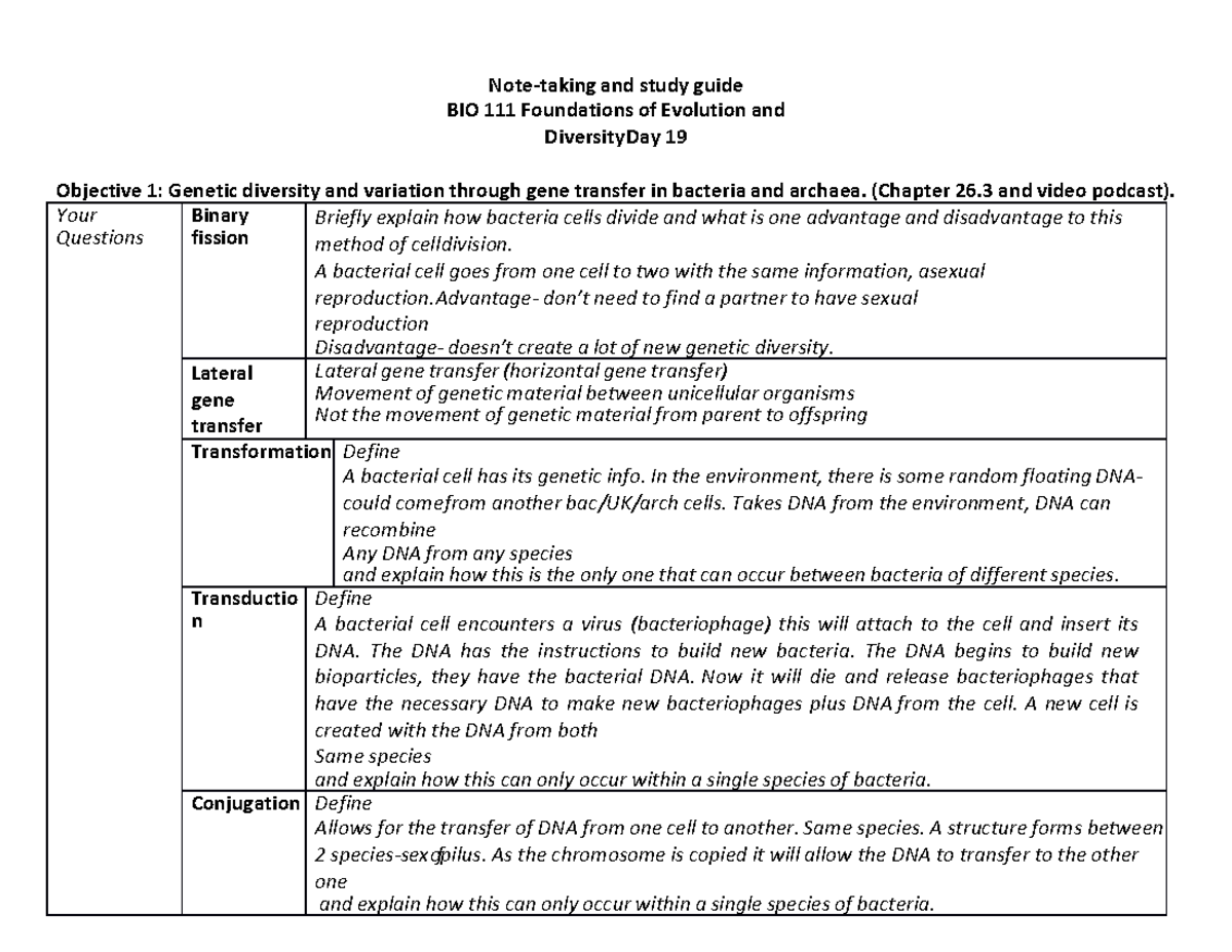 BIO 111 Study Guide for Day 19 - Note-taking and study guide BIO 111 ...