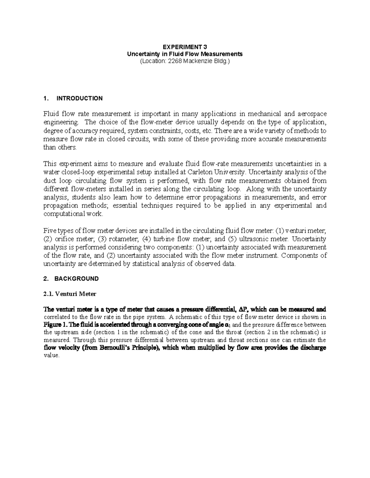 Lab 3 Manual - EXPERIMENT 3 Uncertainty in Fluid Flow Measurements (Location: 2268 Mackenzie ...