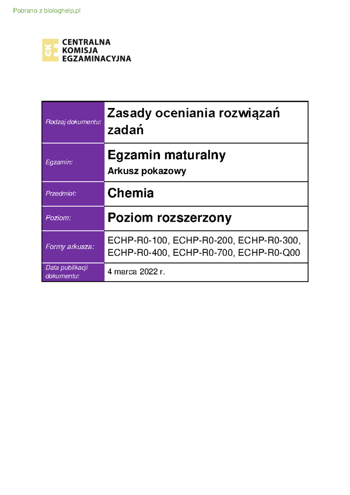 Chemia 2022 pr marzec arkusz pokazowy klucz - Rodzaj dokumentu: Zasady ...