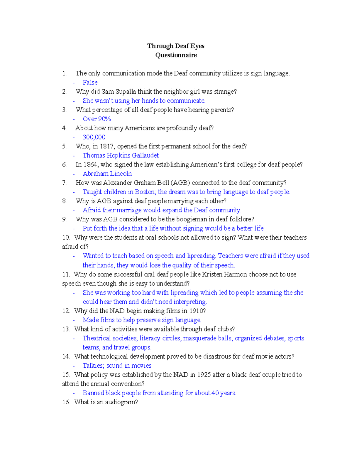 Through Deaf Eyes - hope this helps - Through Deaf Eyes Questionnaire ...