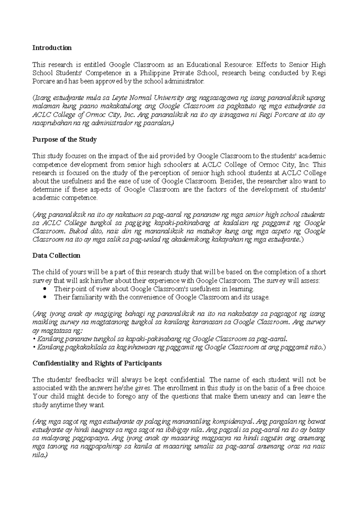 Parents Consent Form - Form - Introduction This research is entitled ...