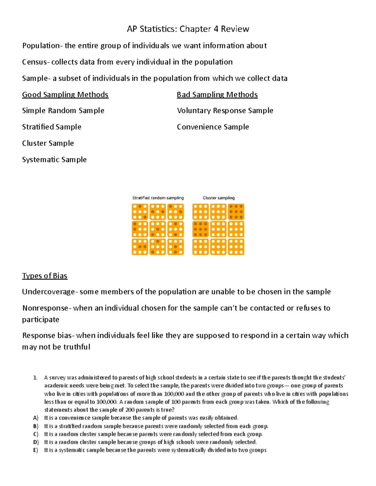 Chapter 4 Review - AP Statistics: Chapter 4 Review Population- the ...