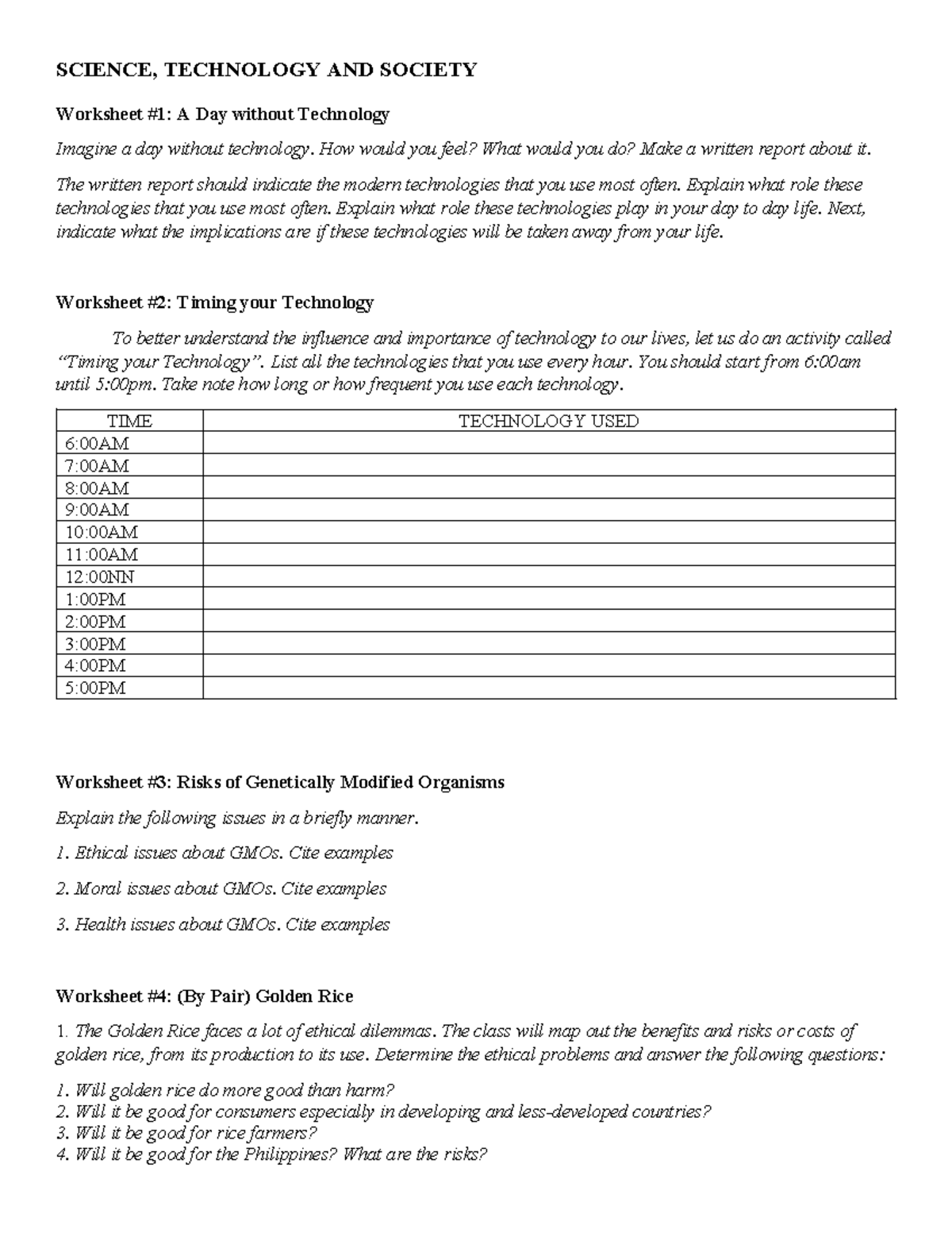 STS- Worksheet - Activity in Science,Technology and Society - SCIENCE ...