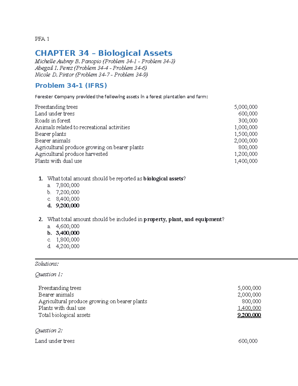 CFAS PFA 34-biological asset - PFA 1 CHAPTER 34 – Biological Assets Michelle Aubrey B. Panopio ...
