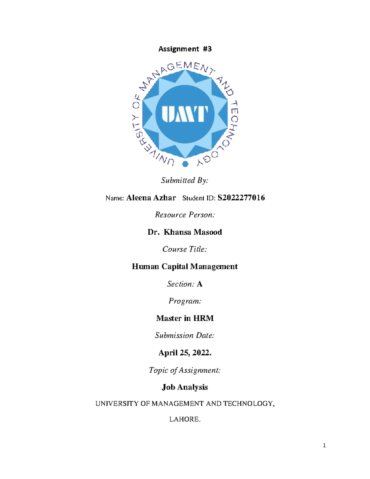 Assignment 3- Job Description - Assignment Submitted By: Name: Aleena ...