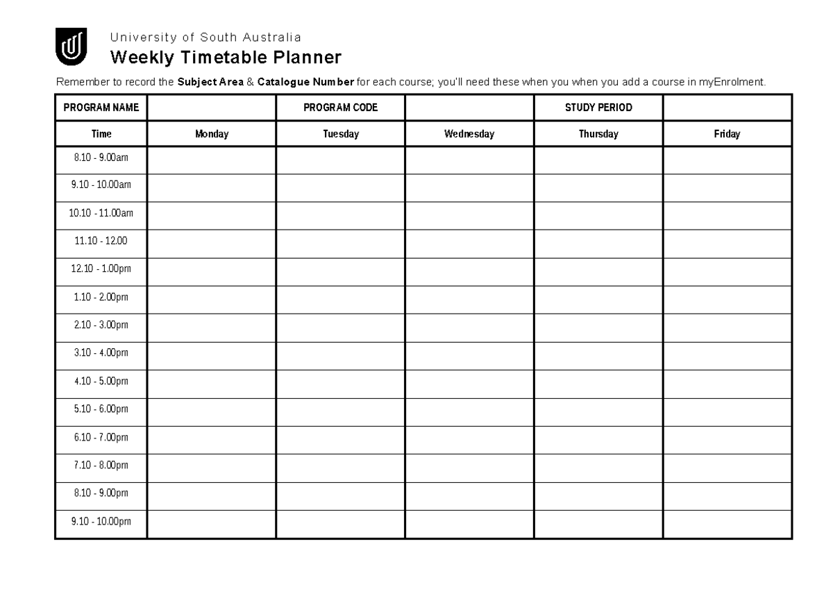 Weeklytimetableplanner - U n i v e r s i t y o f S o u t h A u s t r a ...