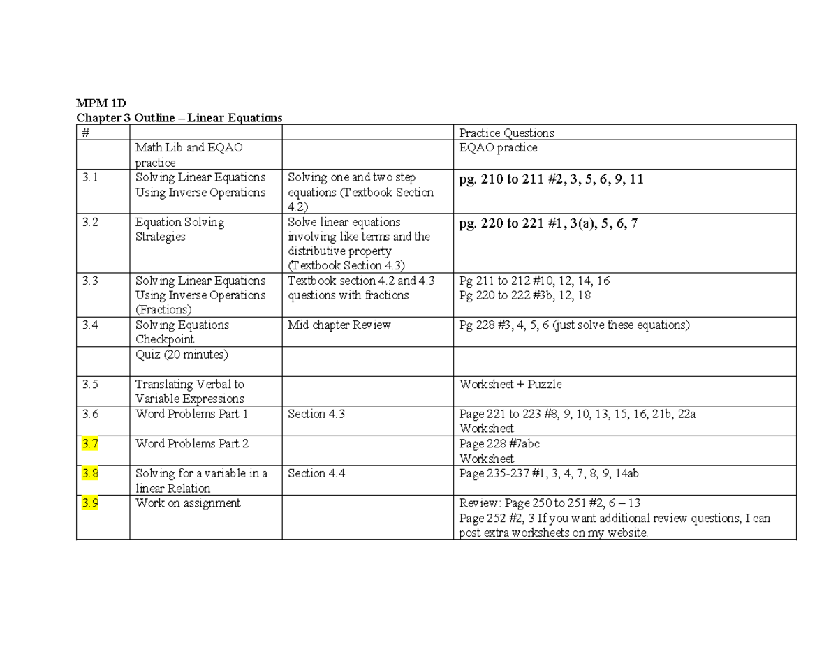 Unit 3 linear equations outline - MPM 1D Chapter 3 Outline – Linear Equations # Practice ...