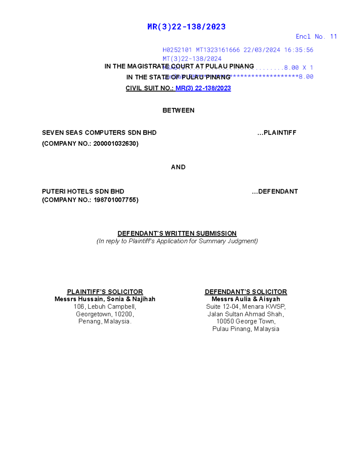 11. D Written Submission - MR(3)22-138/ Encl No. 11 IN THE MAGISTRATE ...