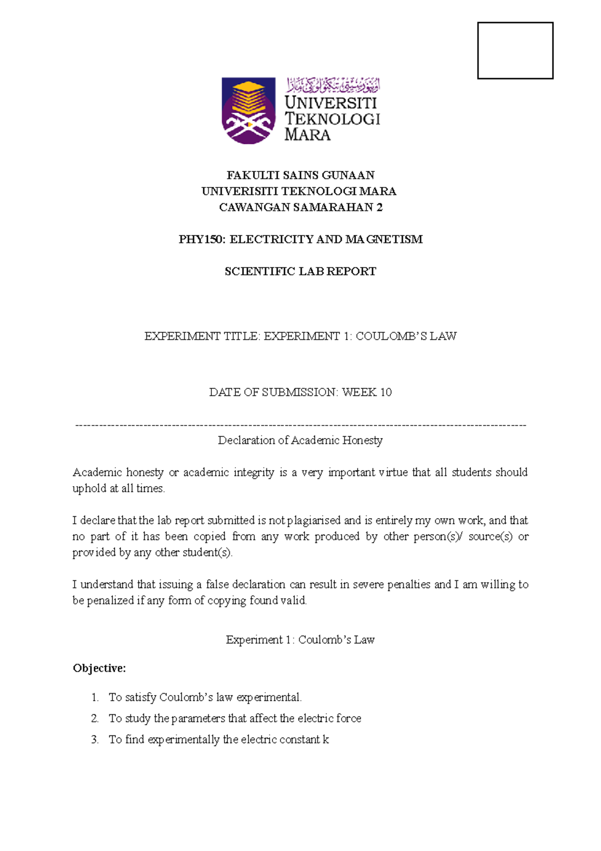 Physics Experiment 1 Coulomb'S LAW ( Complete) - ####### FAKULTI SAINS GUNAAN ...