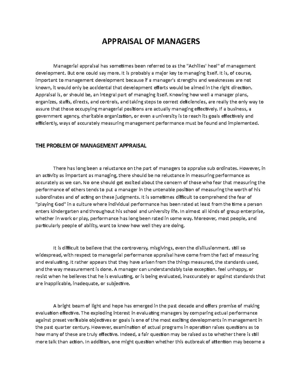 Appraisal OF Managers - APPRAISAL OF MANAGERS Managerial appraisal has ...