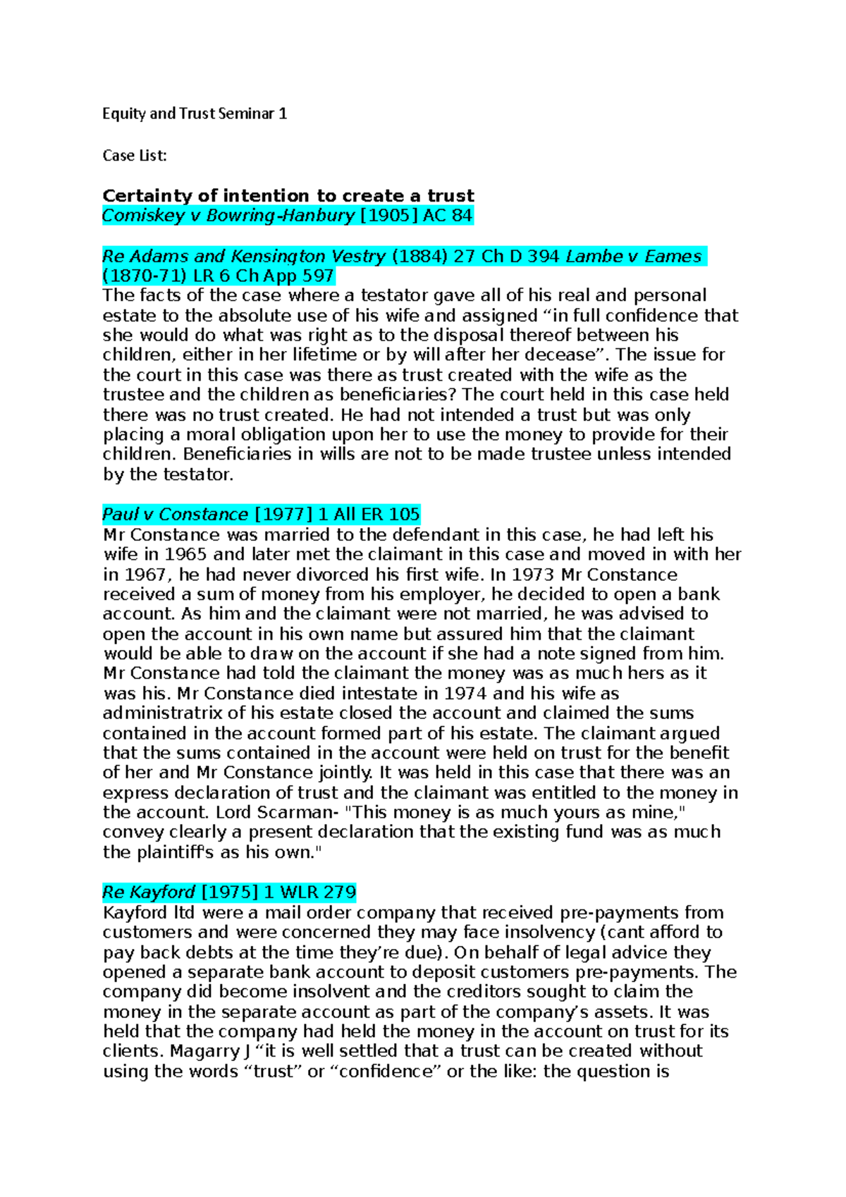 Equity and Trust Seminar 1 - The issue for the court in this case was ...