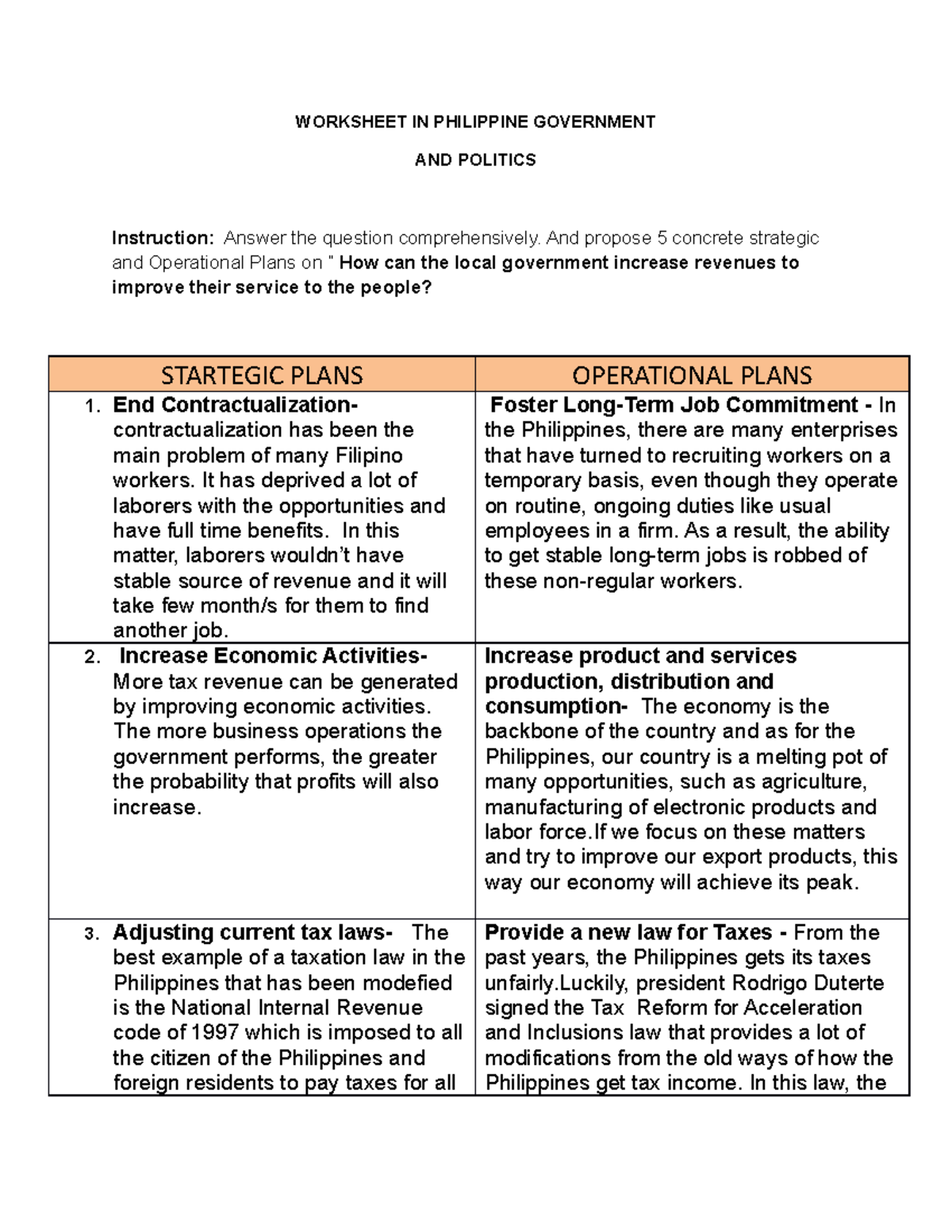 5 concrete strategic and Operational Plans - WORKSHEET IN PHILIPPINE ...