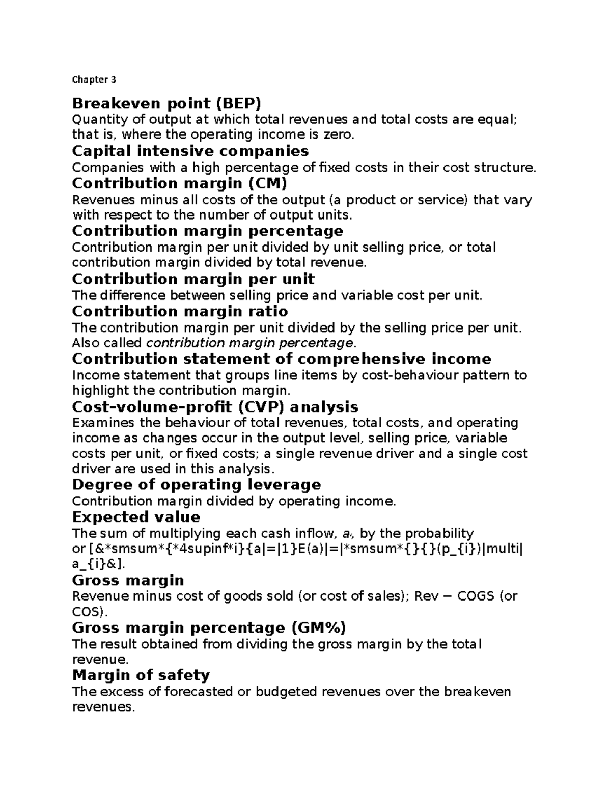 Chapter 3 - ACCT 3230 - Chapter 3 Breakeven point (BEP) Quantity of ...