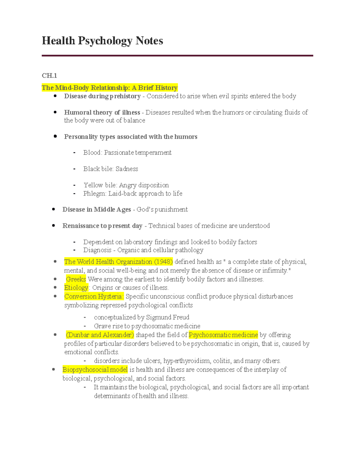 CH.1 Notes - Lecture note Week 1 - Health Psychology Notes CH The ...