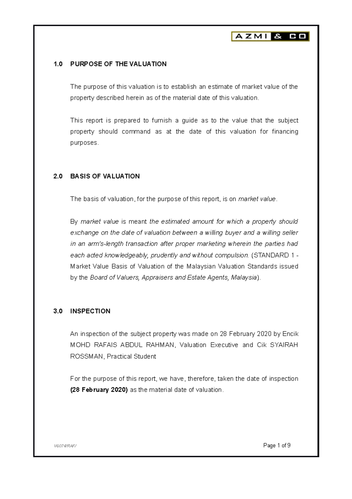 Raf-v6074-rv - Practical valuation - 1 PURPOSE OF THE VALUATION The ...