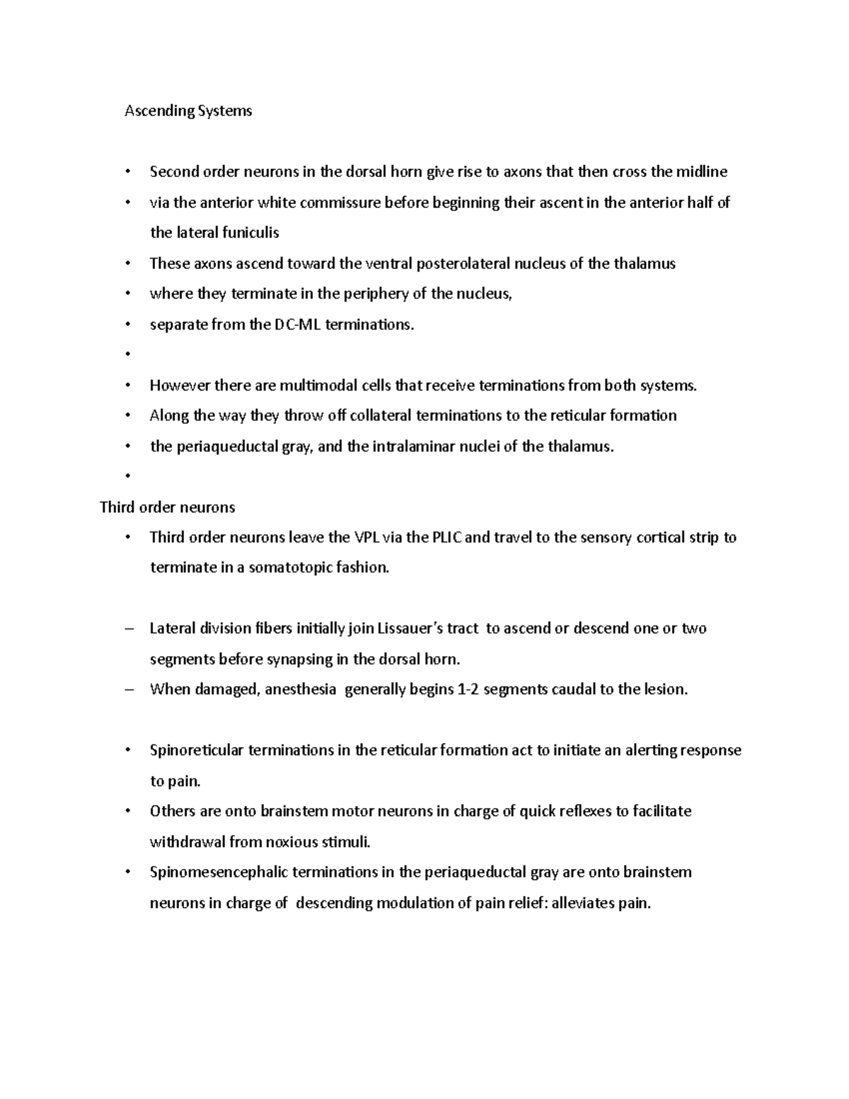 Bio101 Ascending Systems - Ascending Systems Second order neurons in ...