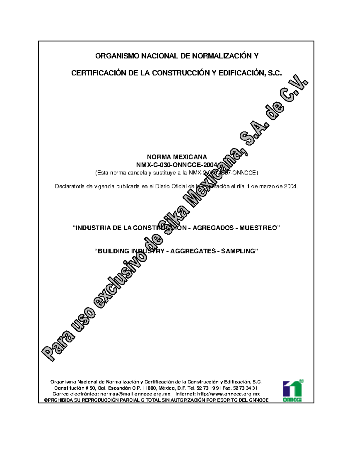 NMX-C-030- Onncce-2004 agregados- muestreo - ORGANISMO NACIONAL DE ...