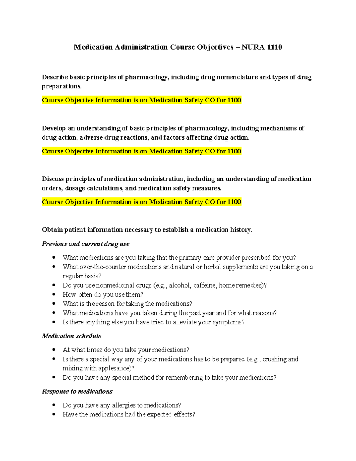 Medication Administration Course Objectives 1110 - Course Objective ...