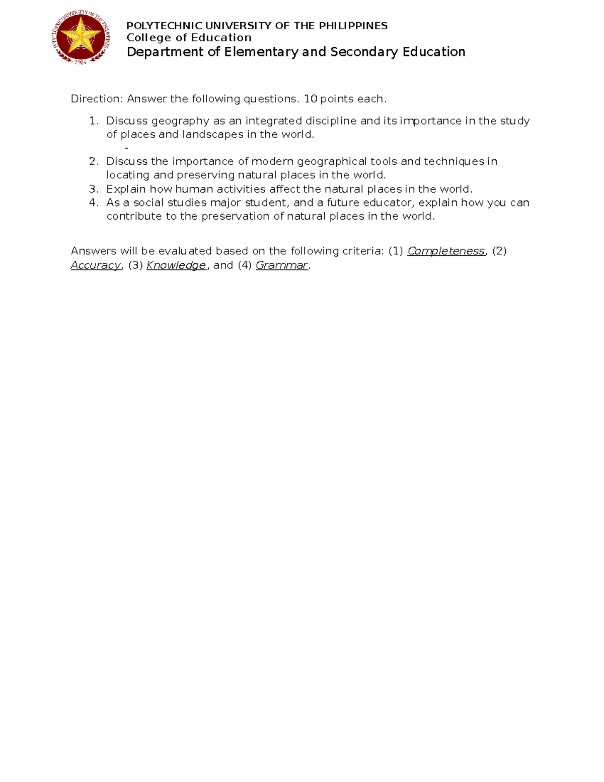 PLCW-Activity 1 - POLYTECHNIC UNIVERSITY OF THE PHILIPPINES College of ...