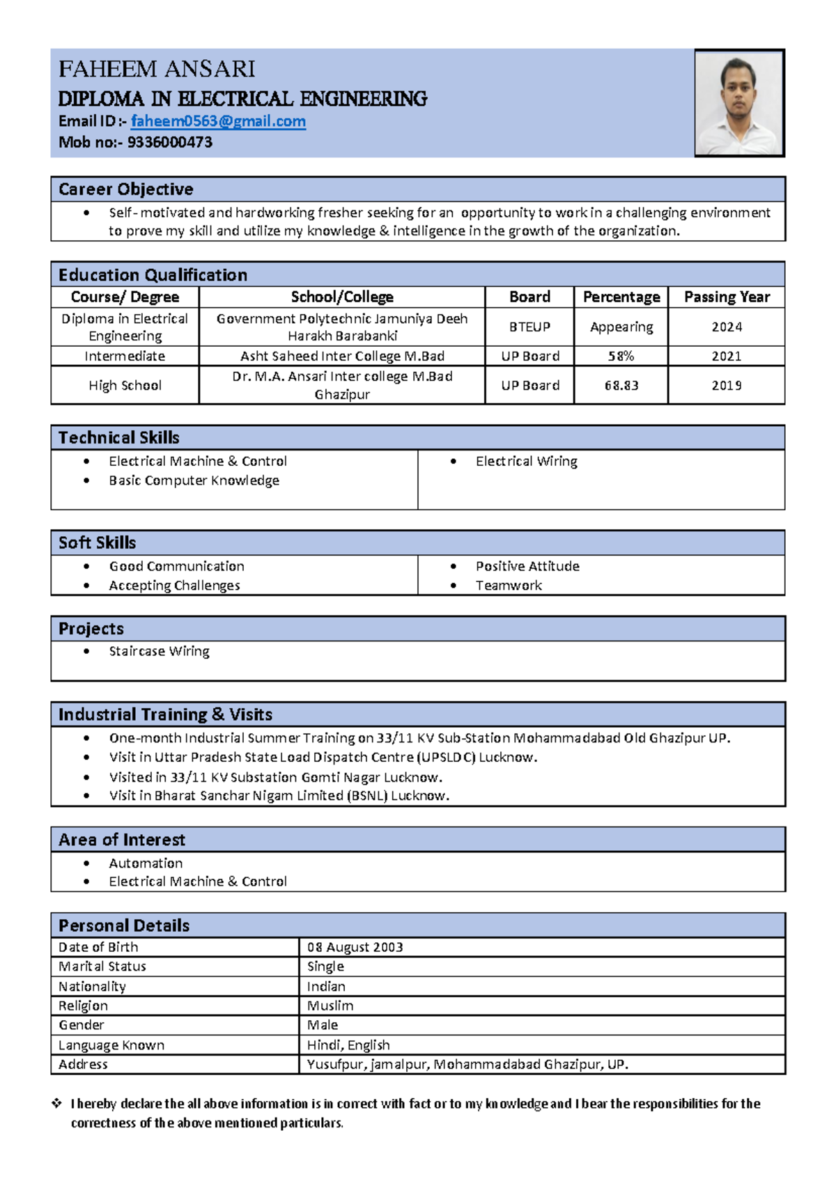 Faheem Ansari resume 1- Copy - Career Objective • Self- motivated and ...