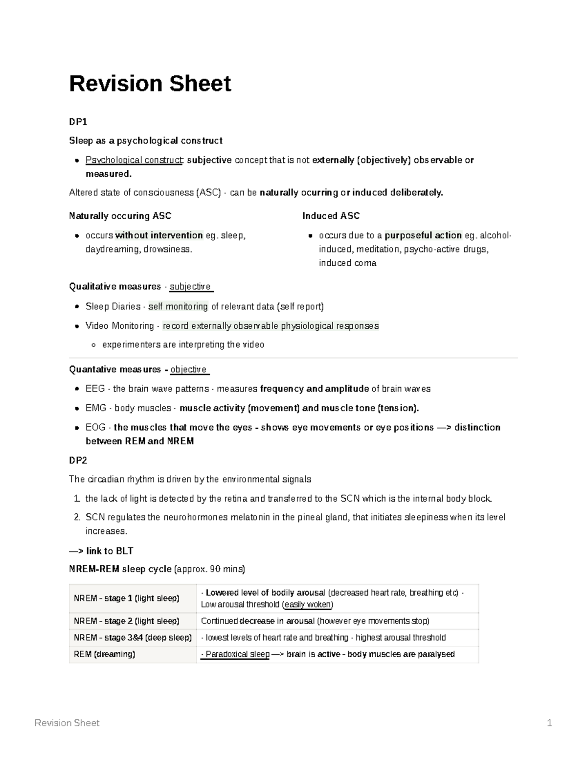 Unit 4 AOS 1 revision - Practice sac - Revision Sheet DP Sleep as a ...