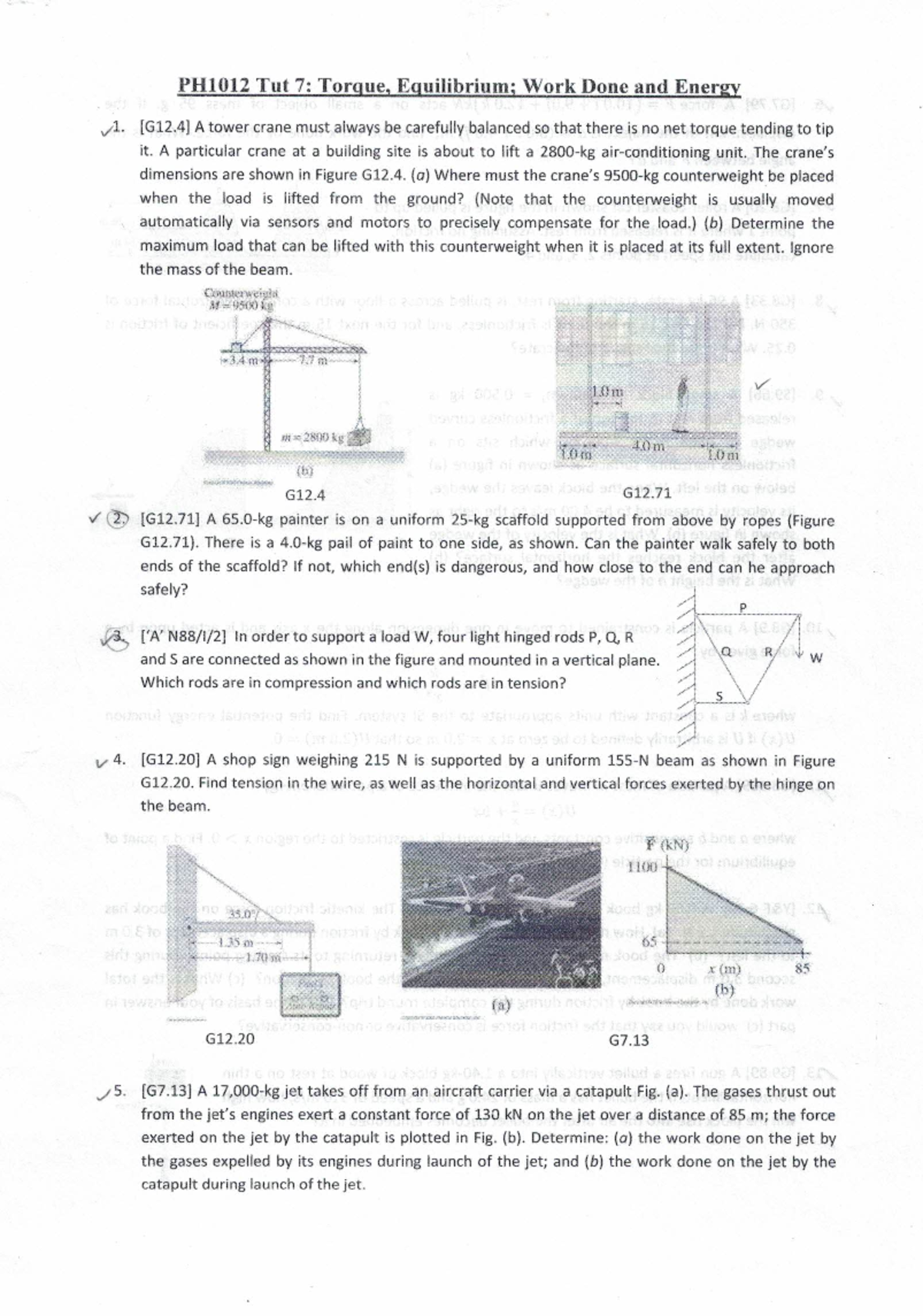 Tutorial 7 solution torque equilibrium work done and energy - PH1012 - Studocu