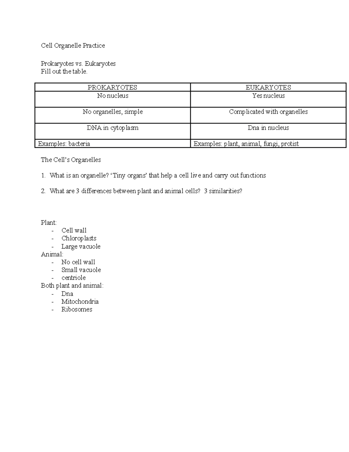 Cell Organelle Practice - Cell Organelle Practice Prokaryotes vs ...