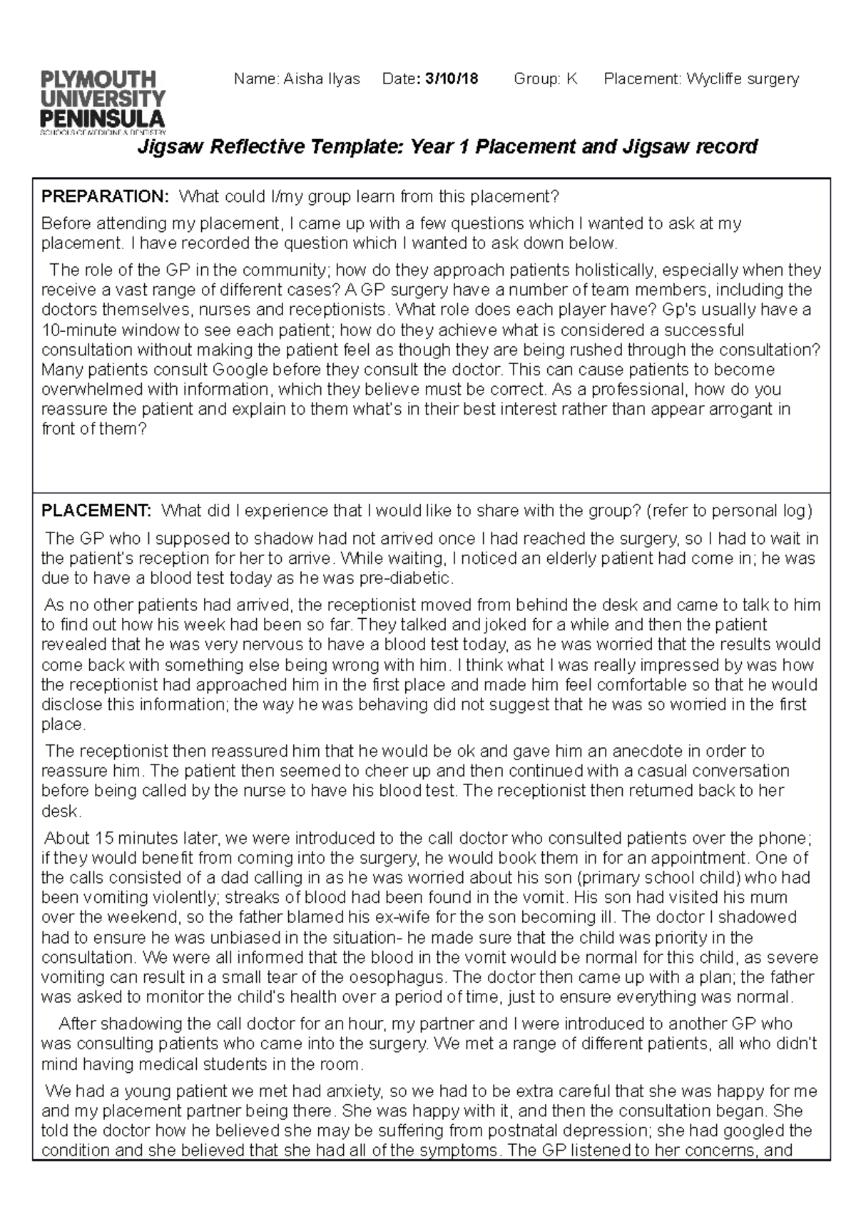 Year 1 Jigsaw reflective template GP surgery - Jigsaw Reflective ...