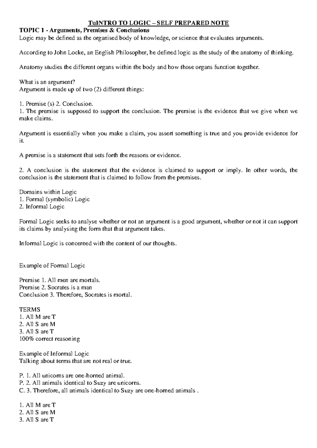 Intro TO Logic – SELF Prepared NOTE - TuINTRO TO LOGIC – SELF PREPARED ...