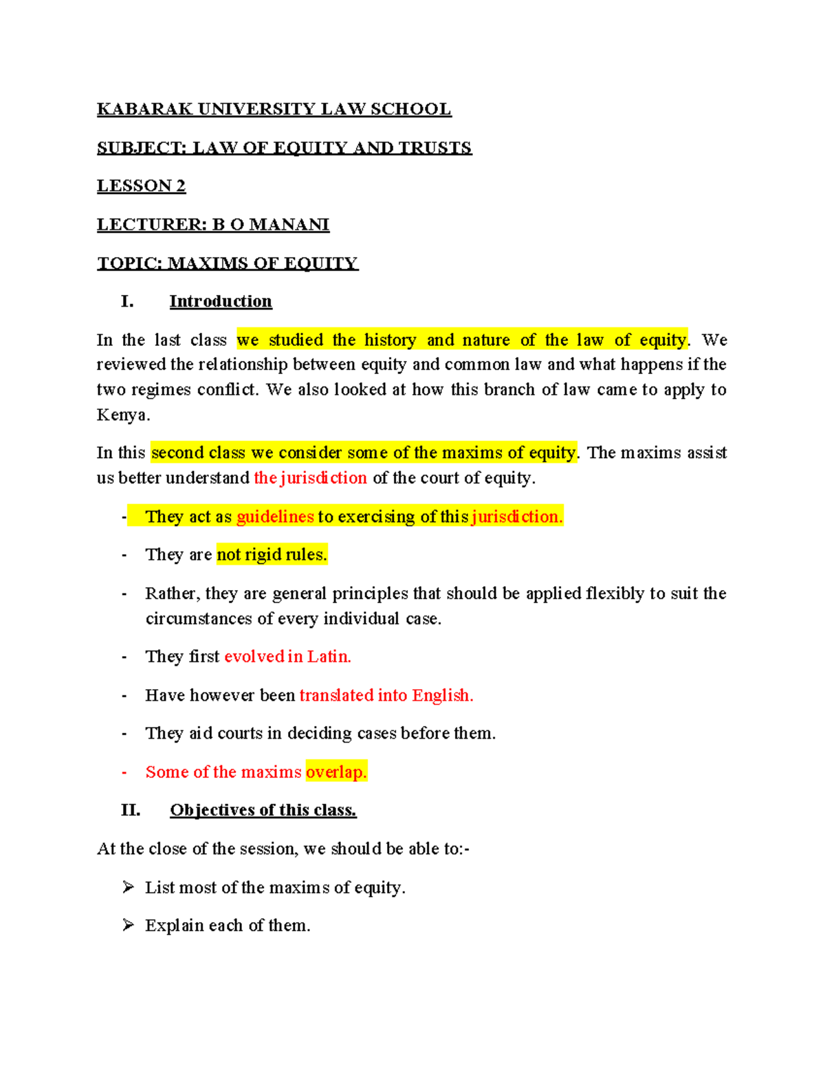 Lesson 2 Lecture Notes - KABARAK UNIVERSITY LAW SCHOOL SUBJECT: LAW OF ...