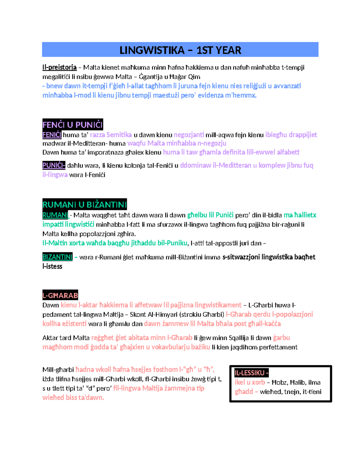 first year short notes - LINGWISTIKA – 1ST YEAR Il-preistorja – Malta ...