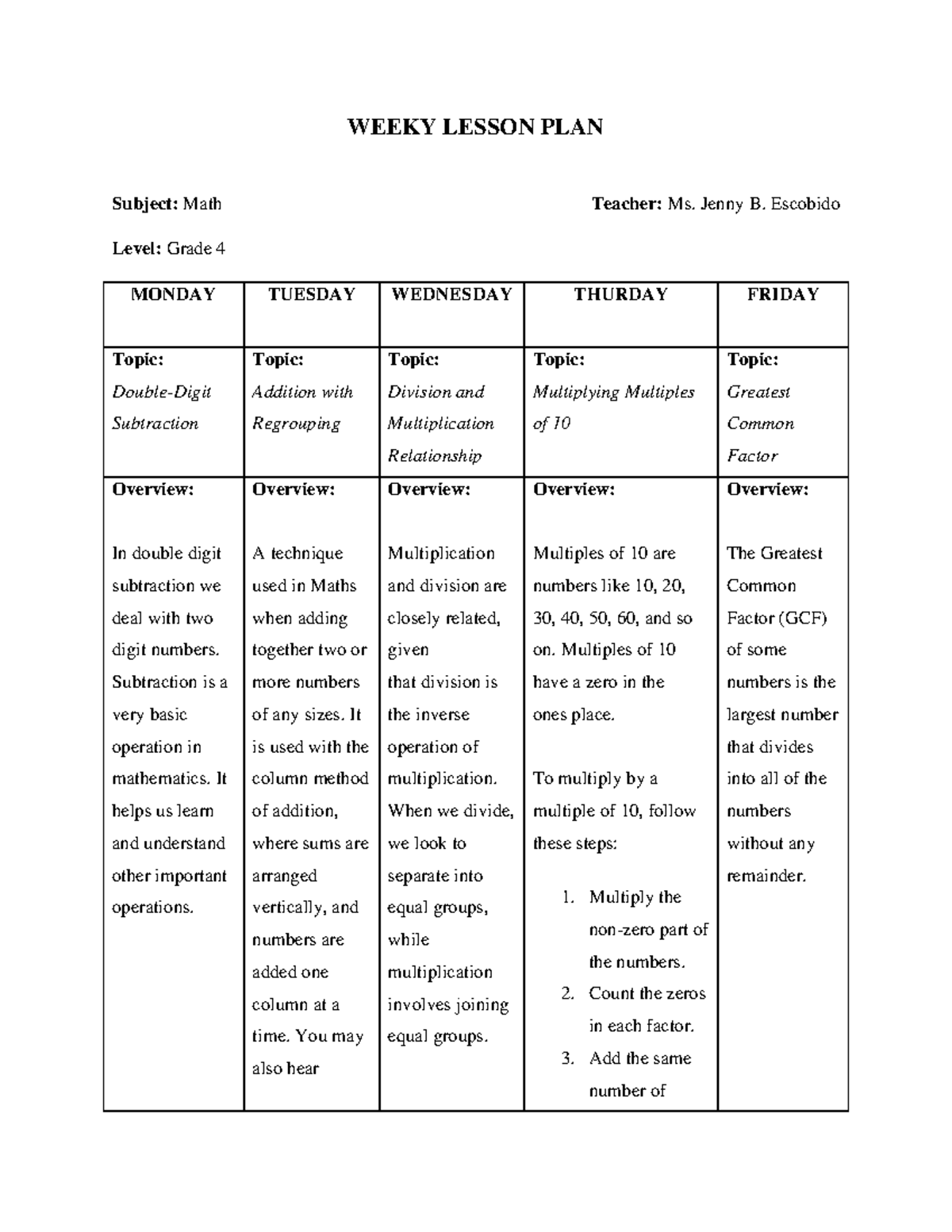 EDUC65 Weekly- Lesson-PLAN Escobido - WEEKY LESSON PLAN Subject: Math ...