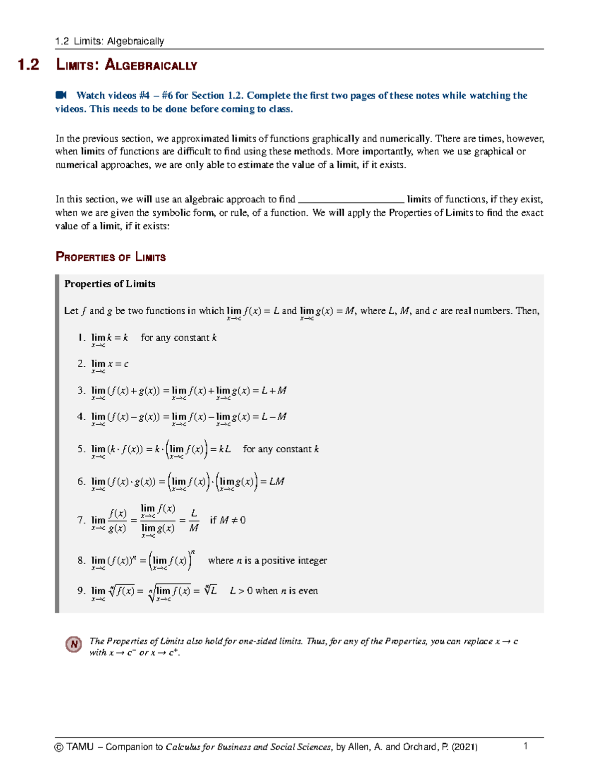 142 Section 1 2 notes - 1 Limits: Algebraically i Watch videos #4 − #6 ...