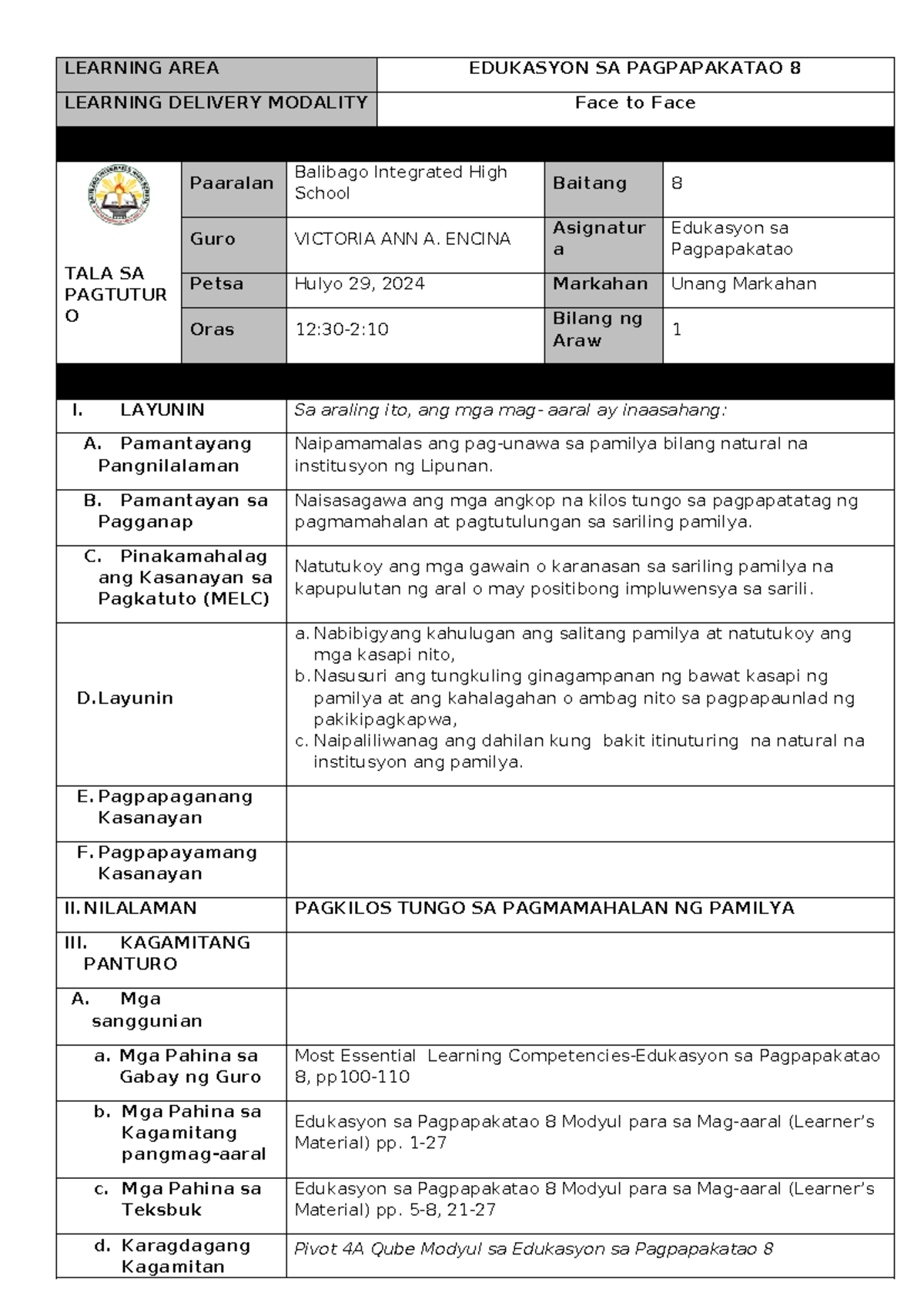 DLL for ESP Grade 8 - LEARNING AREA EDUKASYON SA PAGPAPAKATAO 8 ...